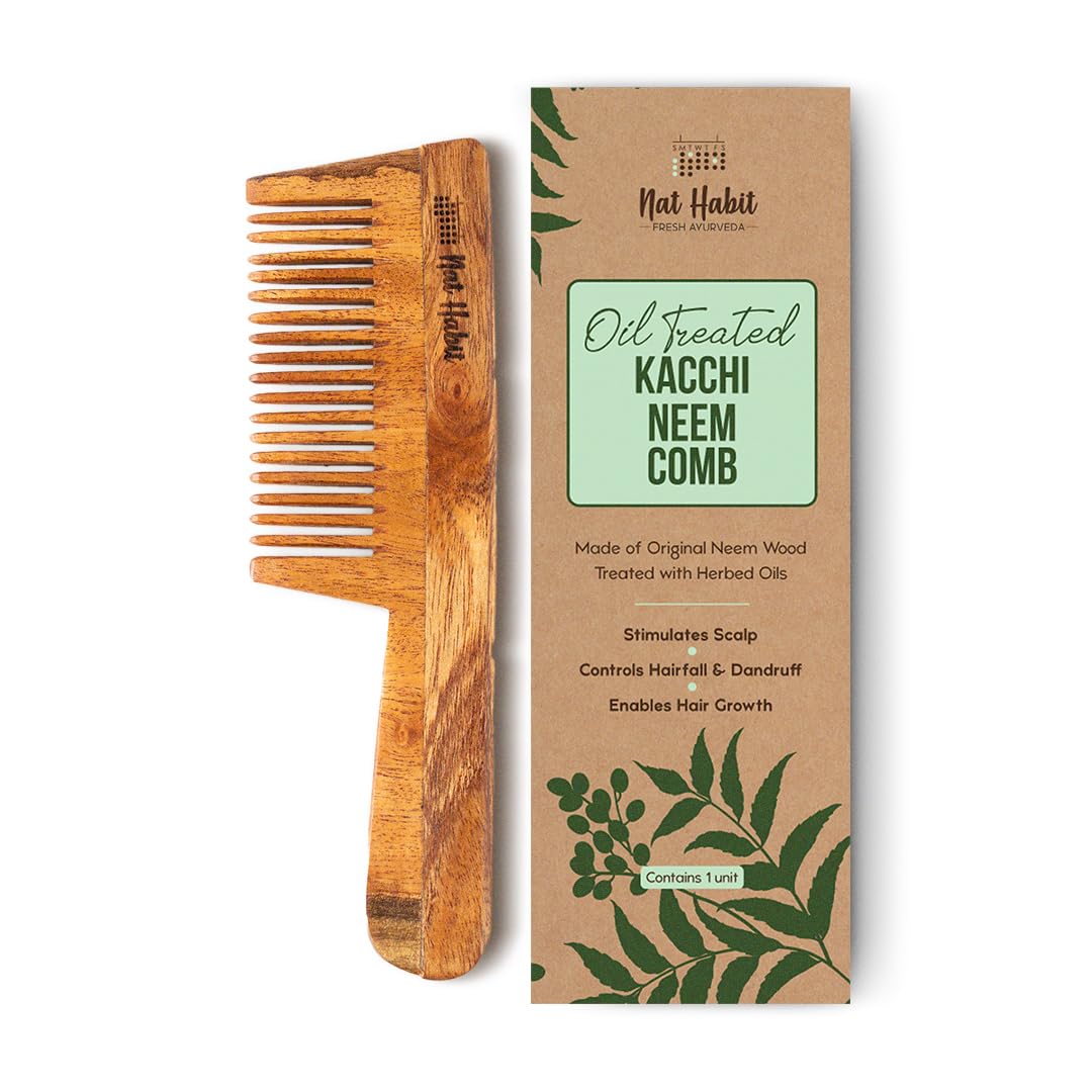 Buy Nat Habit Kacchi Neem Wooden Comb, Soaked In 13 Herbs Neem & Sesame ...