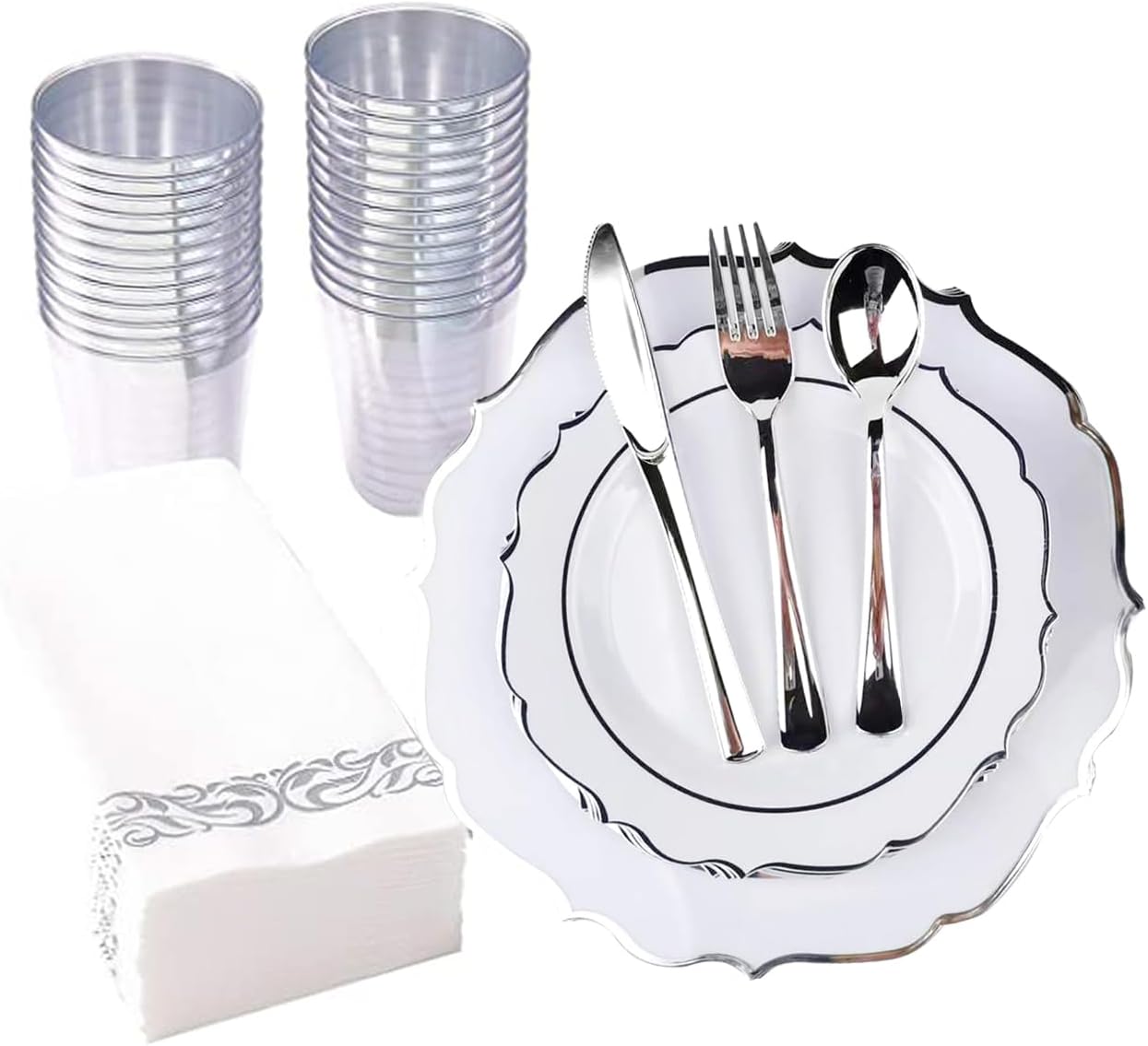 Amazon.com: 175 Pieces Silver Dinnerware Set for 25 Guests ,Plastic ...