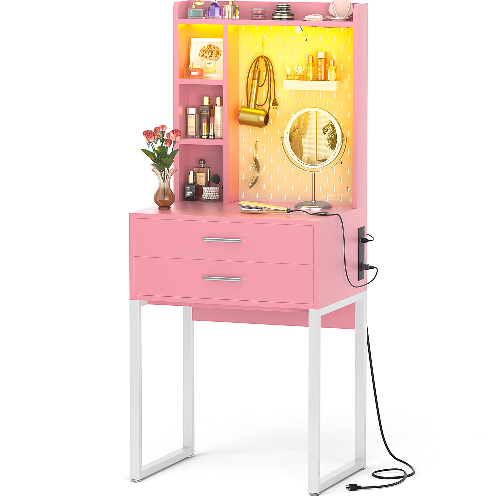 Amazon.com: Besiost Small Vanity Desk with Hutch and Drawers, Pink ...