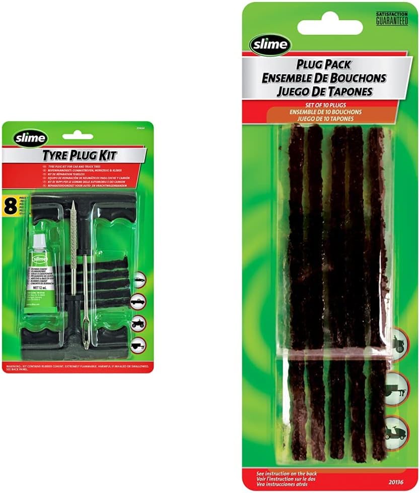 Slime 24011 Tire Plug Kit with T-Handle + Slime 20136 Tire Repair Plugs ...