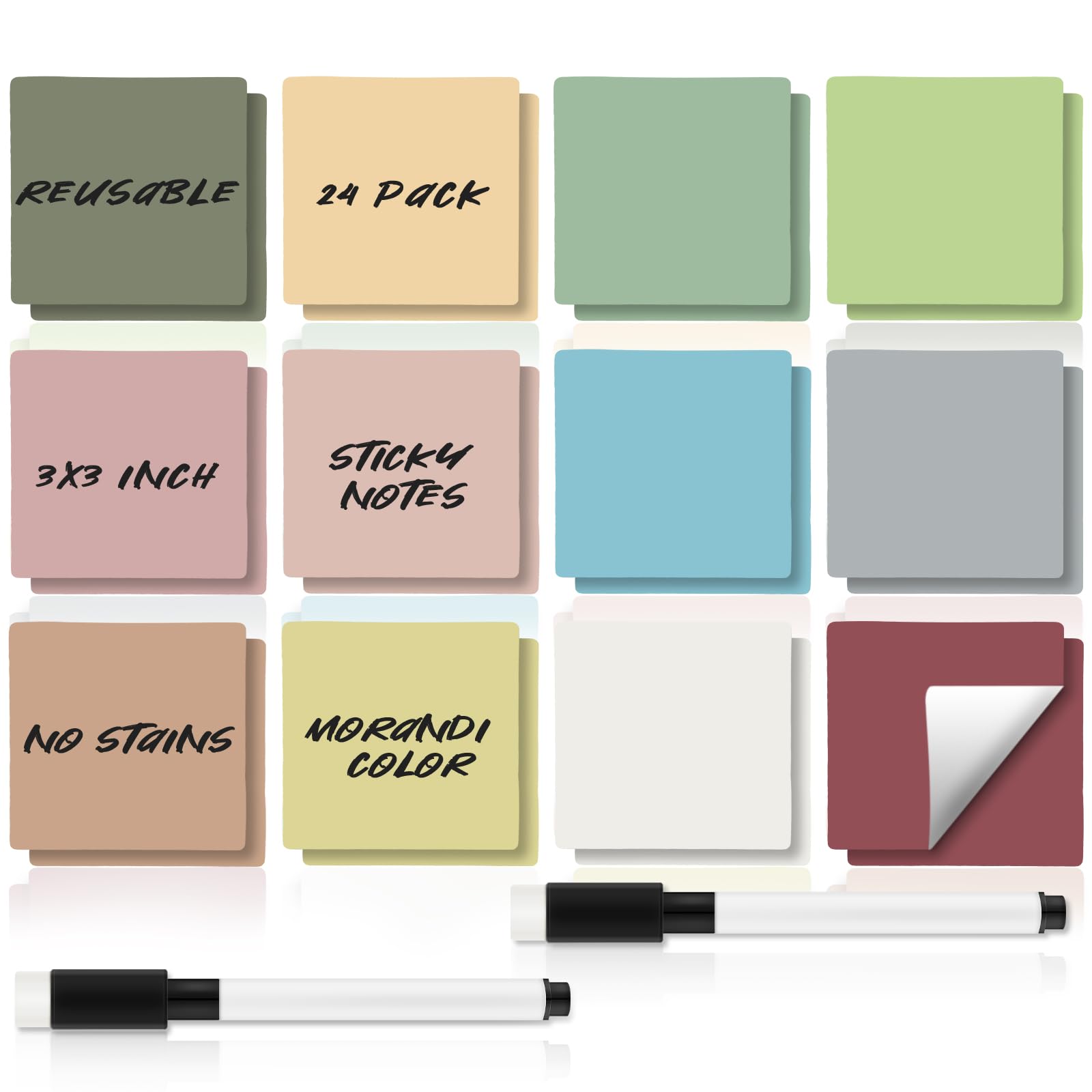 Snapklik.com : 24 Pcs Reusable Dry Erase Sticky Notes 3"x 3" Whiteboard ...