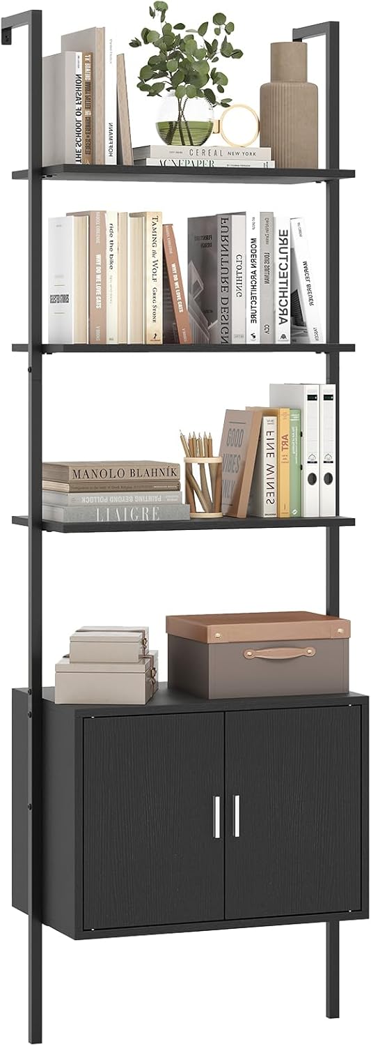 CASART 5-Tier Ladder Bookshelf, Wall-Mounted Bookcase with Cabinet ...