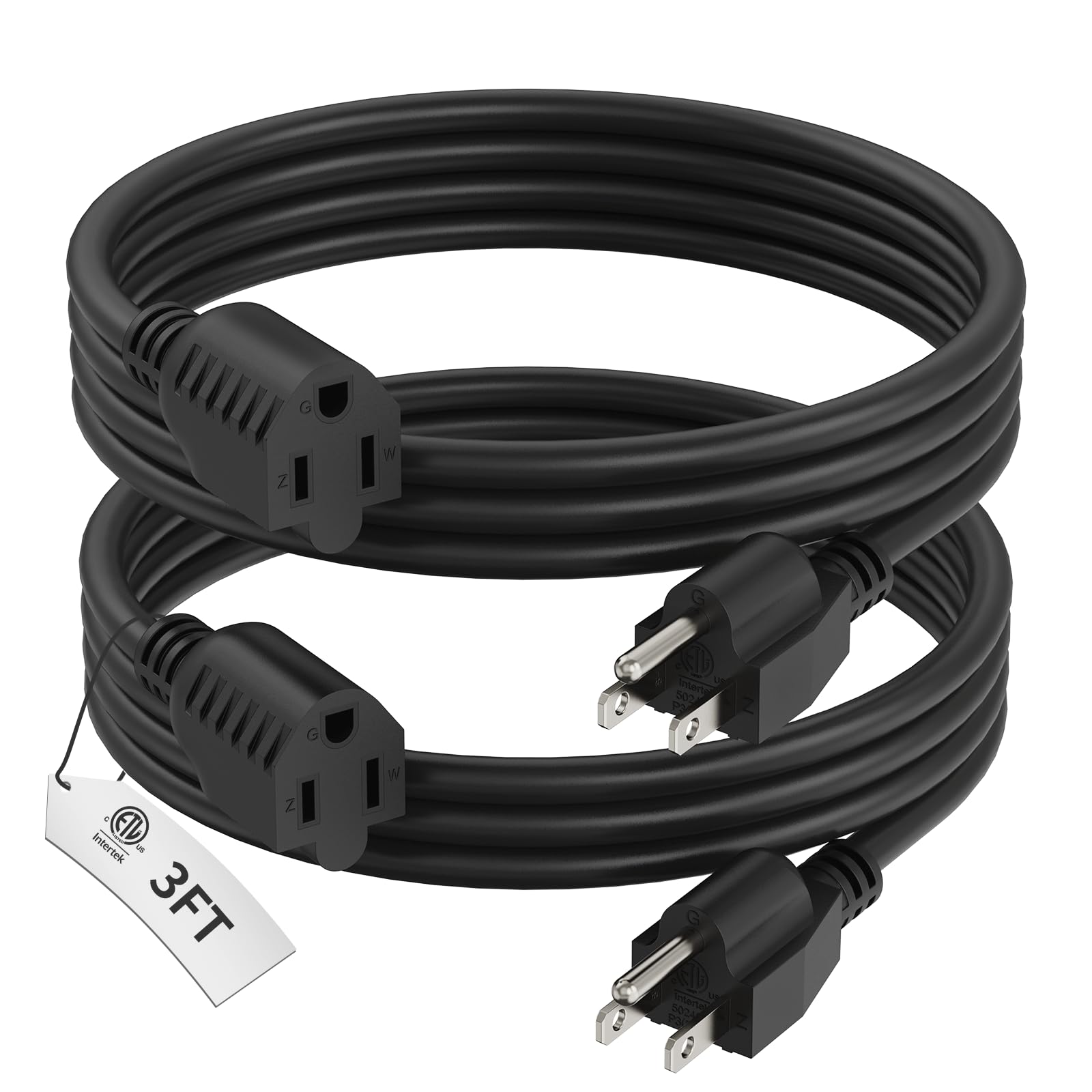 PLUGTUL 3 FT Extension Cord Black, 2 Pack Short Power Cord, Indoor ...