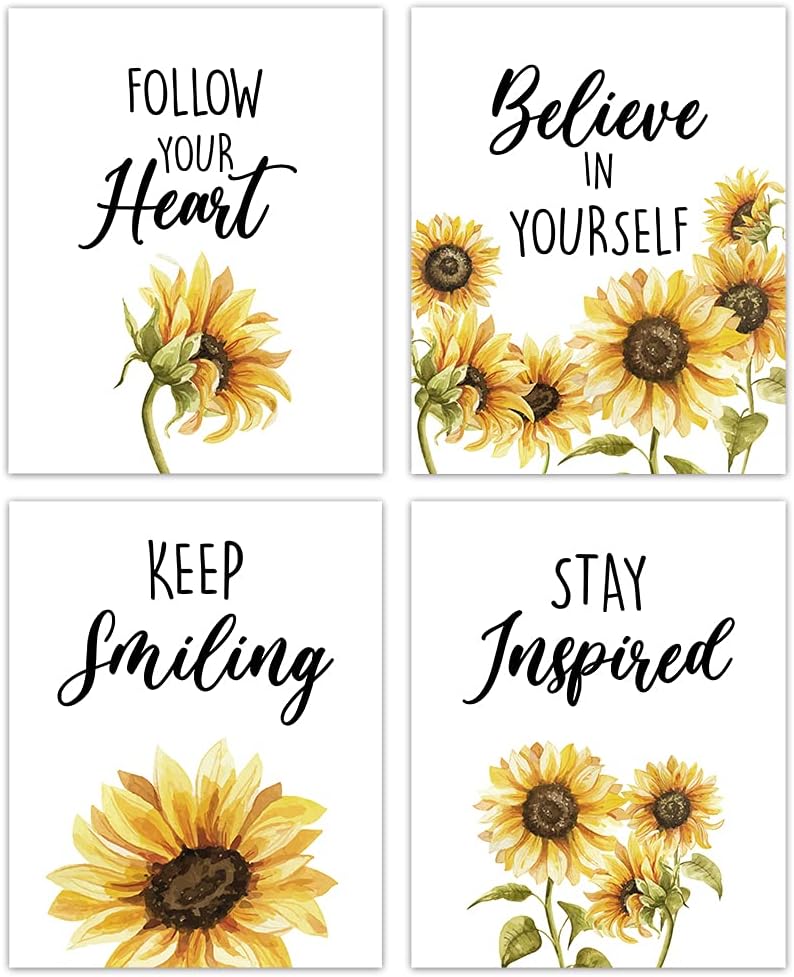Amazon.com: PUHEI Sunflower Motivational Wall Art Prints Set of 4 ...