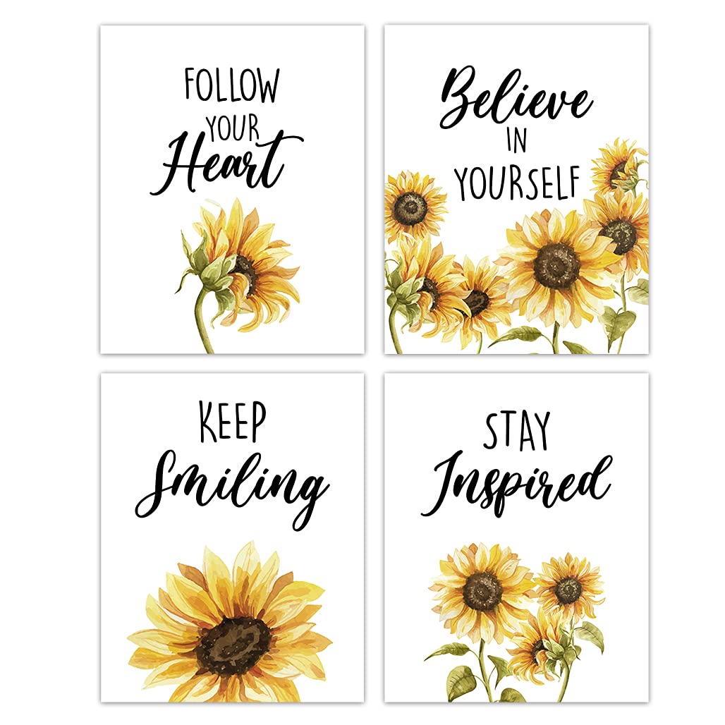 Amazon.com: PUHEI Sunflower Motivational Wall Art Prints Set of 4 ...