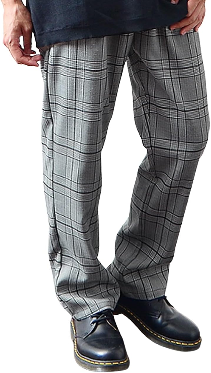 Amazon.co.jp: Semi-Wide Tapered Pants, Plaid Pants, Men's, Plain ...