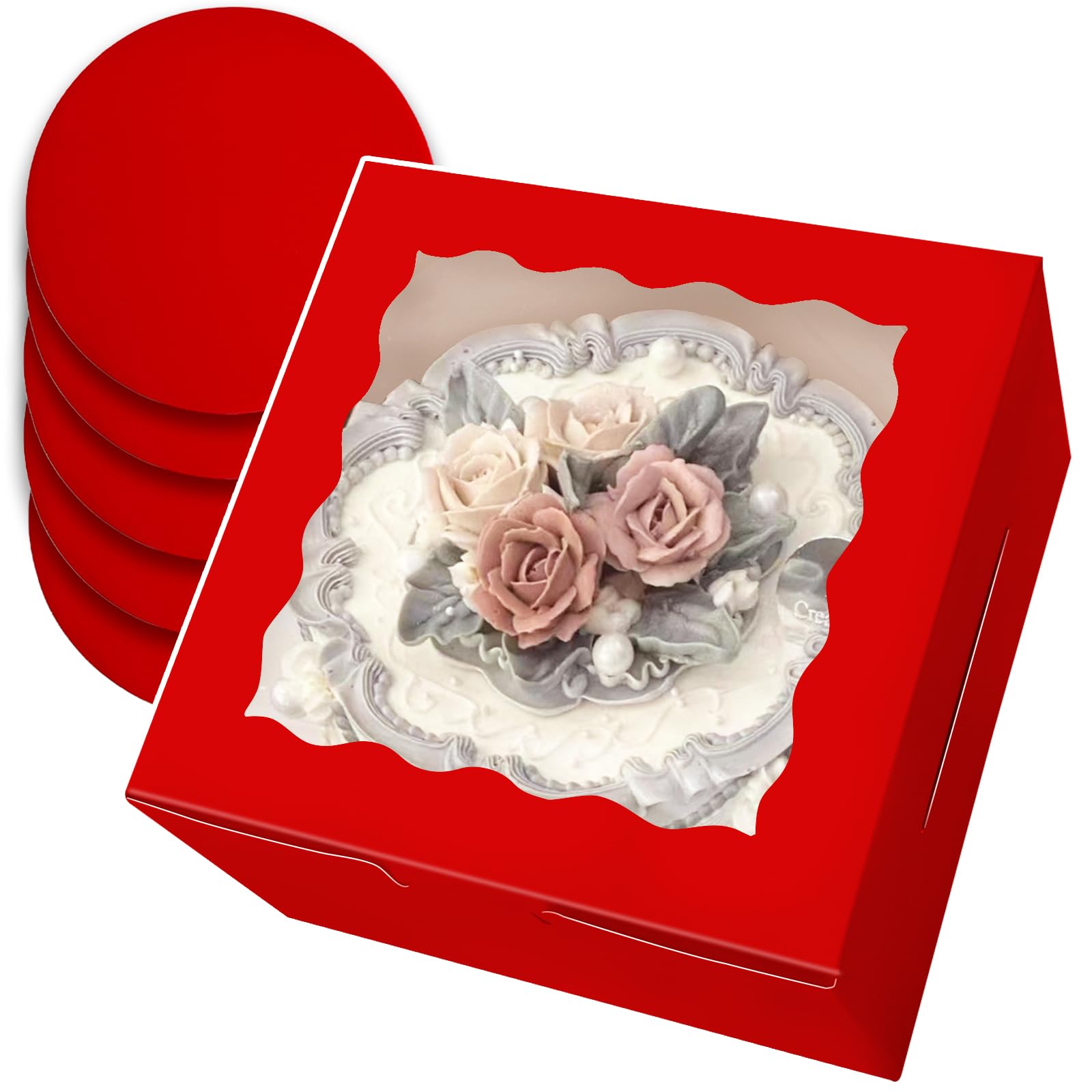 Amazon.com: qiqee 8x8x5 Cake Box, 18 Sets Red Cake Box with Window ＆ 18 ...