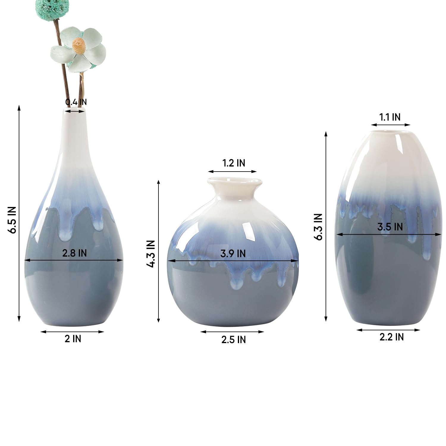 SANFERGE Ceramic Bud Vases Set of 3, Small Decorative Floral Vase for ...