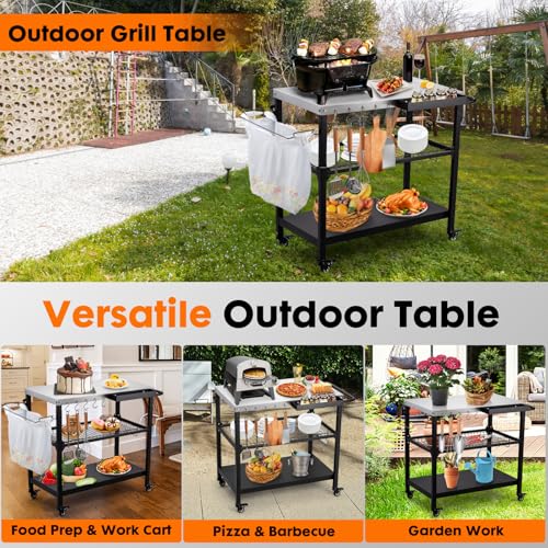 GVGBUK Grill Cart Table with Wheels, with Trash Bag Holder, Adjustable ...