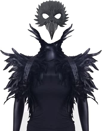 Amazon.com: 2Peice Realistic Crow Mask with Feather Shawl,Women Men ...