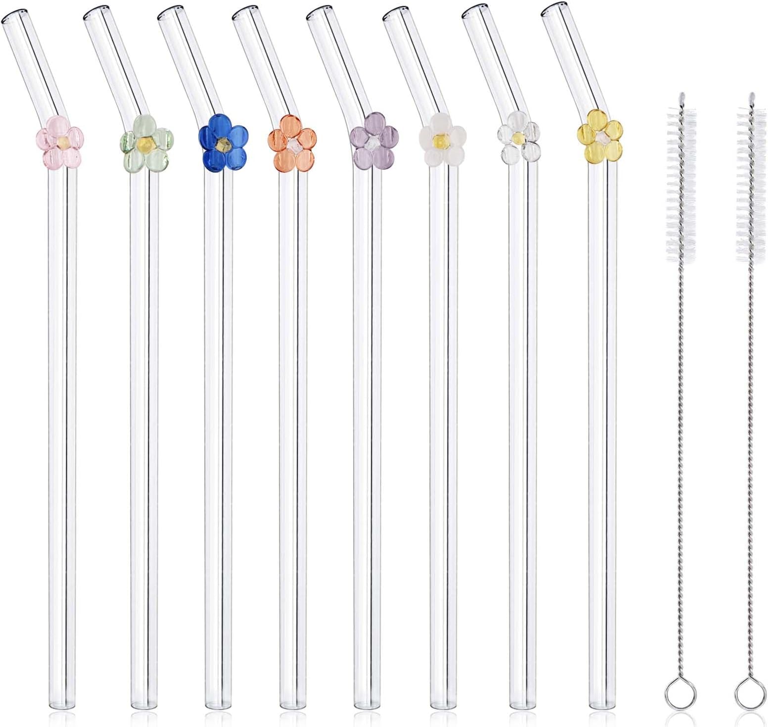 Amazon.com: 16 Pieces Reusable Glass Straw with Flower Cute Colorful ...