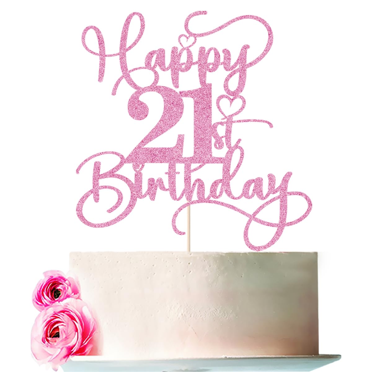 Amazon.com: Bejotaa Pink Happy 21th Birthday Cake Topper 1pcs Glitter ...