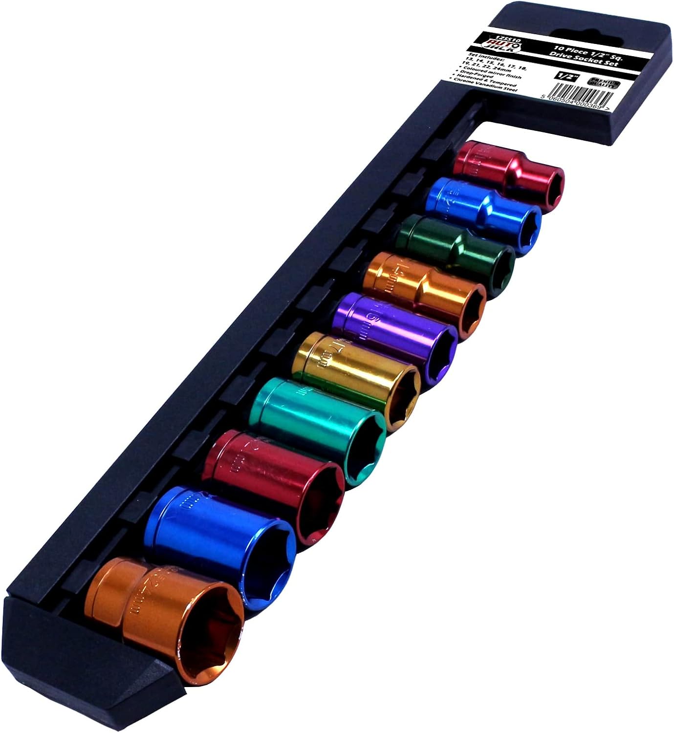 10 Piece Multi Coloured Socket Set, 1/2" Square Drive Metric Standard ...