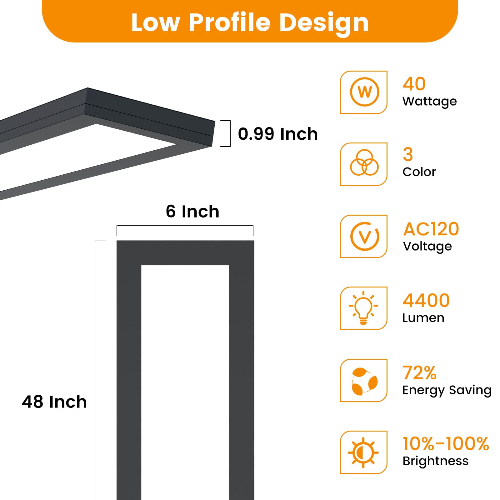 2 Pack 4FT LED Flat Panel Light Surface Mount - Black 4400LM 40W 120V ...