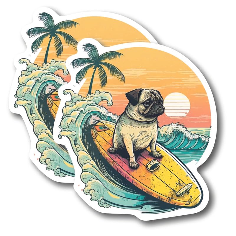 Amazon.com: (2 Pack) Pug Riding On a Surfboard Stickers - Beach Sunset ...
