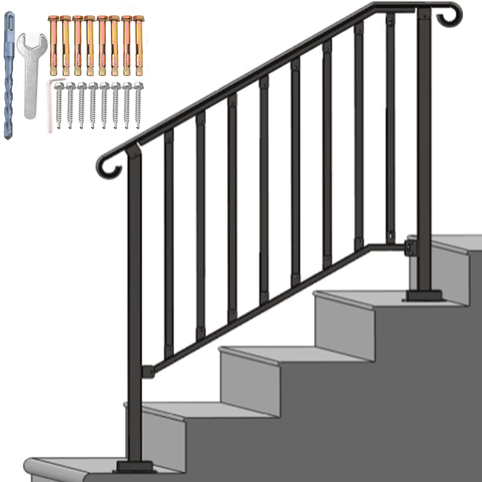 SPACEEUP Step Handrail Fit for 3 or 4 Steps Wrought Iron Handrail for ...