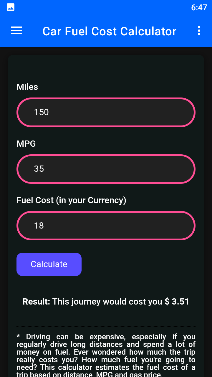 Car Fuel Cost Calculator - App on Amazon Appstore