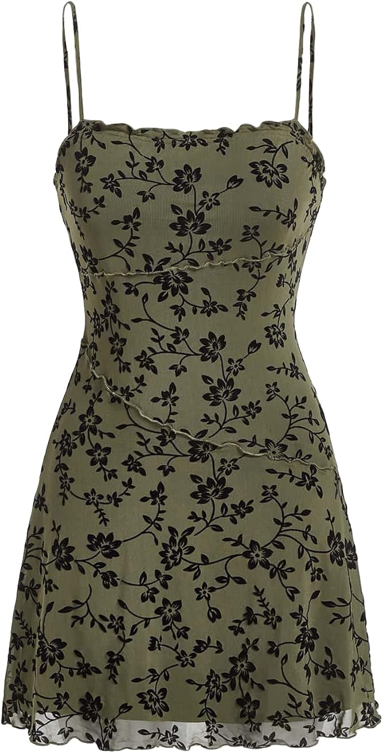 Verdusa Womens Lettuce Trim Floral Print Mesh Sleeveless A Line Short Cami Dress At Amazon