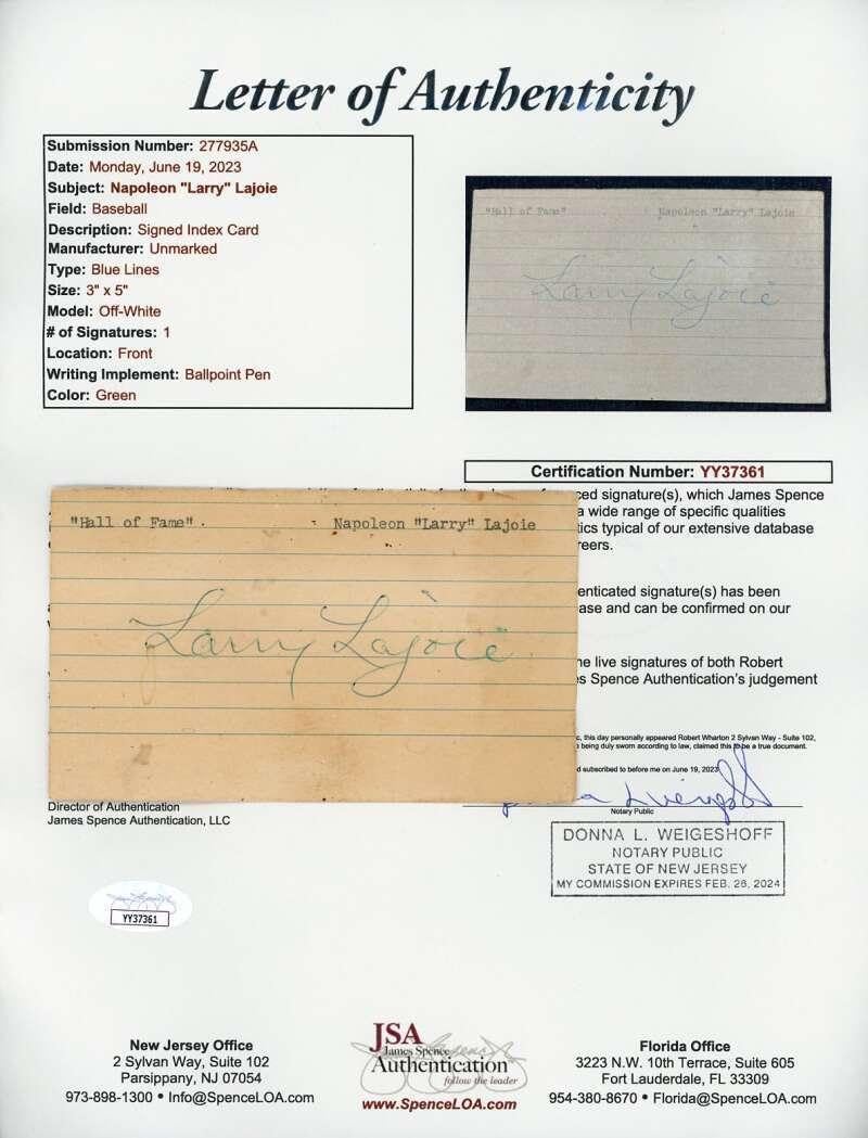 Napoleon Larry Lajoie JSA Cert Signed 3x5 Index Card Autograph - MLB ...