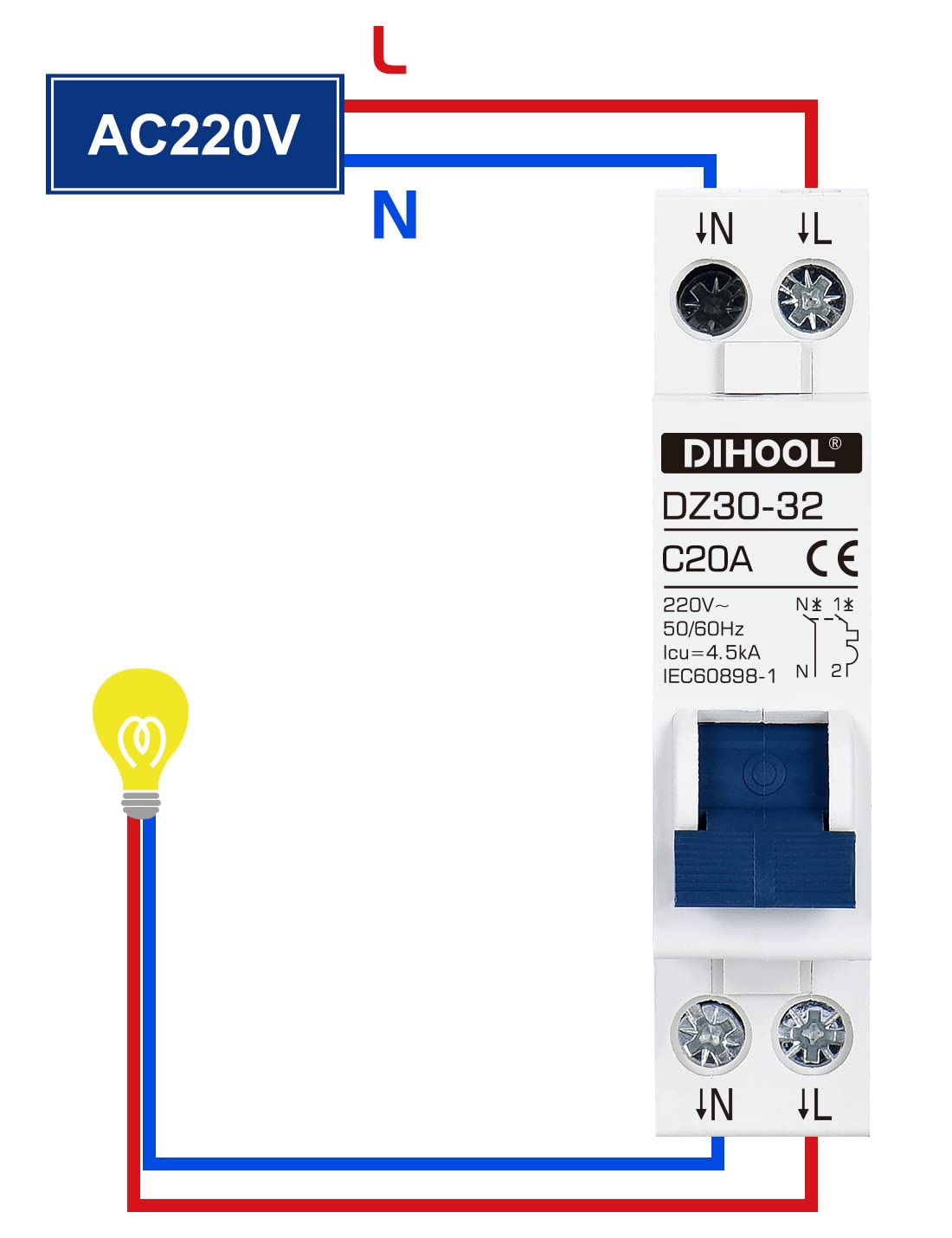 DIHOOL MCB Circuit Breaker 1P+N 10A phase line + neutral line Din Rail ...