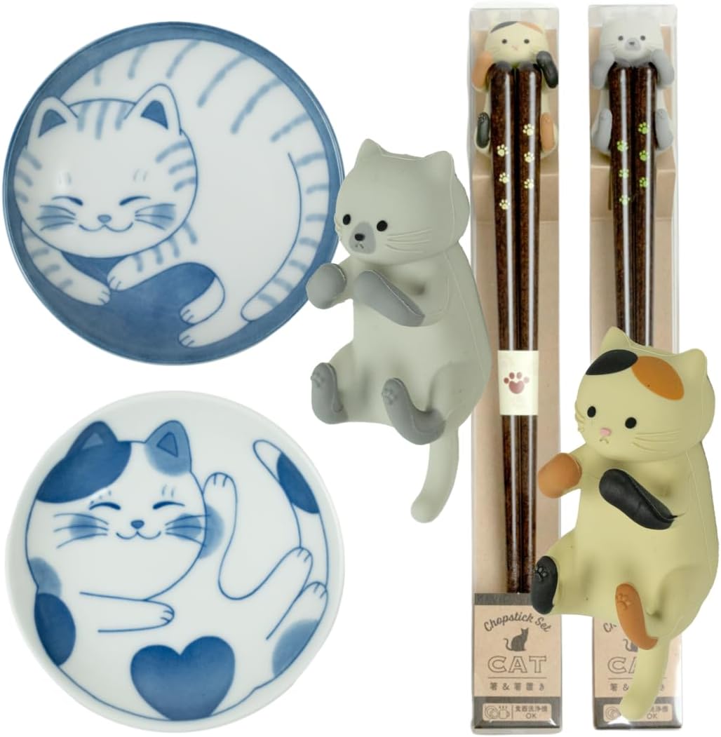 Cute Kawaii Cat Chopsticks and Plates Set - 2 Pairs of Japanese ...
