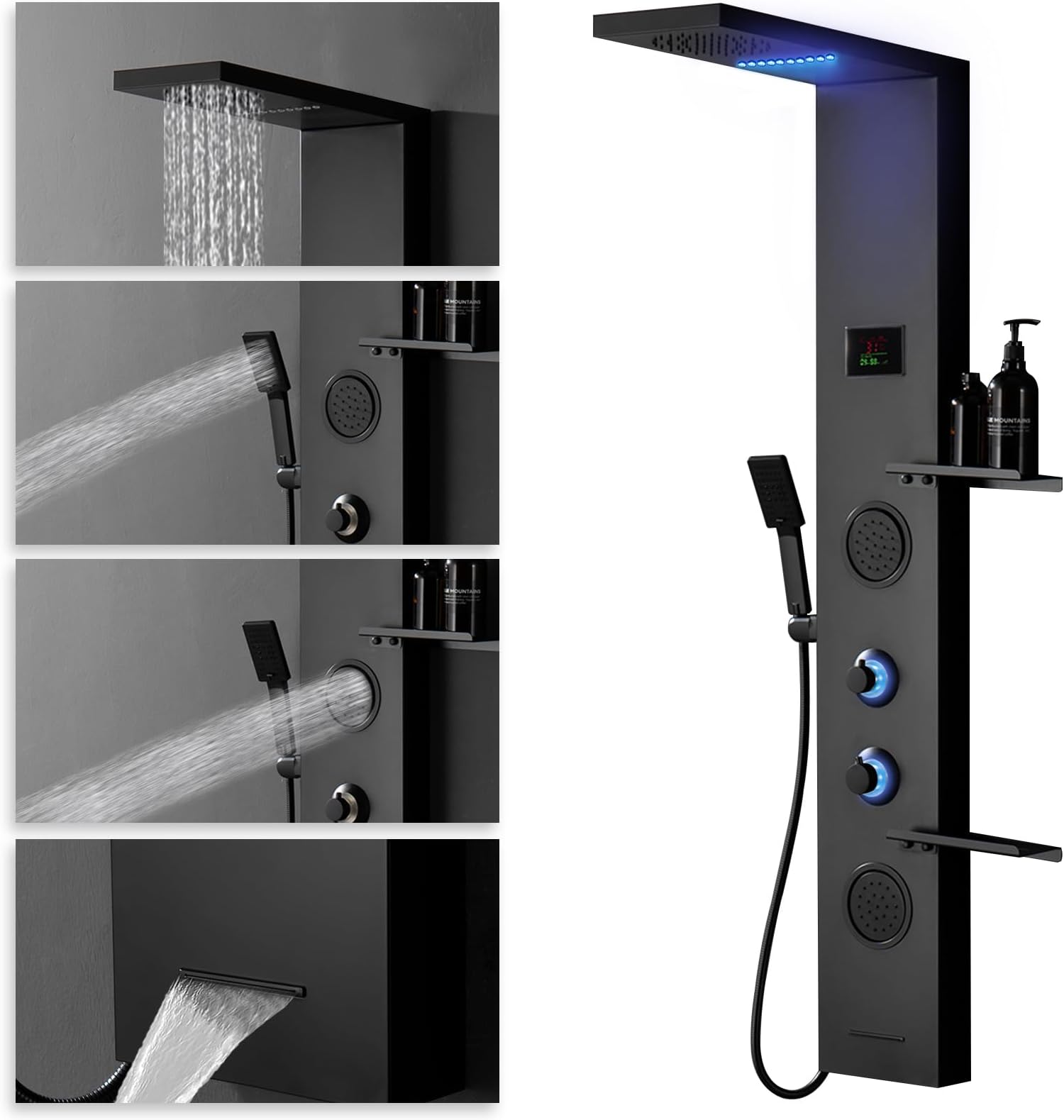 65 in. 8-Jet Shower Panel System with Rainfall Waterfall Shower Head ...