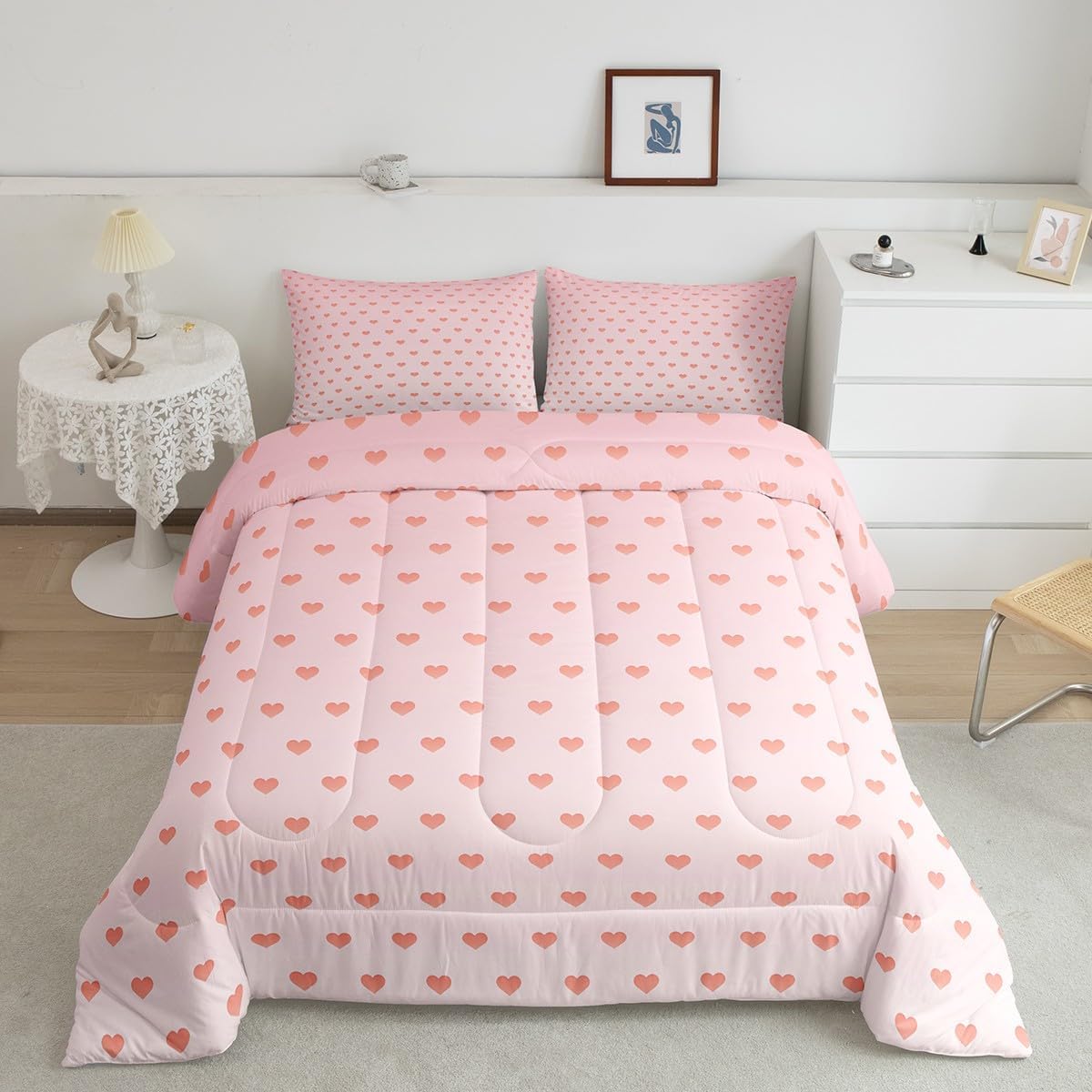 Amazon.com: Feelyou Kids Girls Pink Hearts Comforter Set Twin Size Love ...