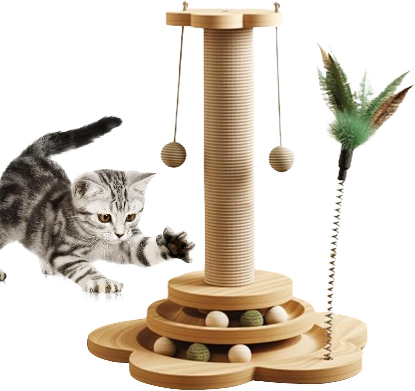 Sisal Cat Scratching Post - 4 In 1 Wooden Cat Scratcher Toy Scratch ...