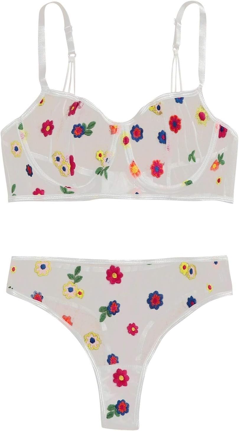 Lingerie for Women 2 Pieces, Colorful Embroidery Flowers Bra & Panty ...