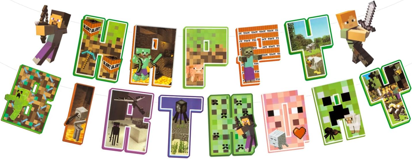 Amazon.com: Gaming Pixel Blast Happy Birthday Banner - Pixel Party ...