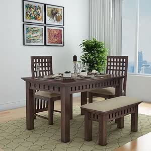 EBANSAL Sheesham Wood 4 Seater Dining Table Set with 2 Cushioned Chair and Cushioned Bench for ...