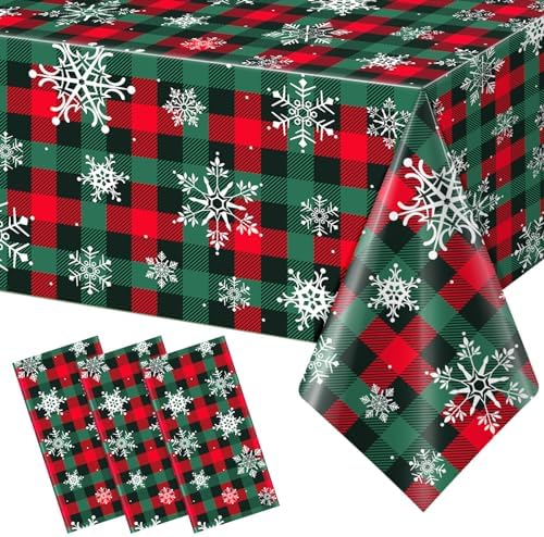 Amazon.com: 3Pcs Christmas Buffalo Plaid Snowflake Party Tablecloths ...