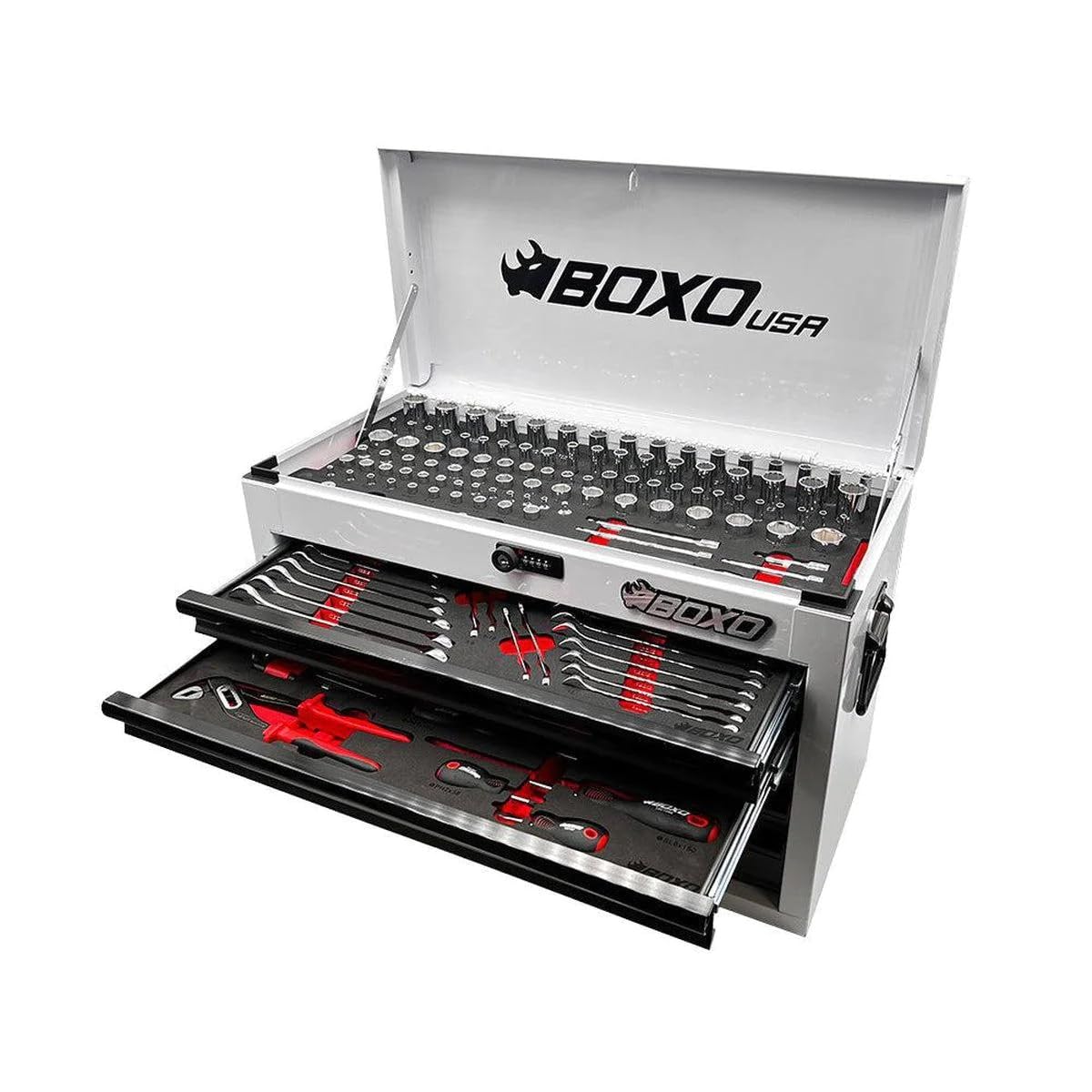 BOXO USA Heavy Duty 26" Toolbox 159 Piece Metric & SAE Locking Tool Set ...