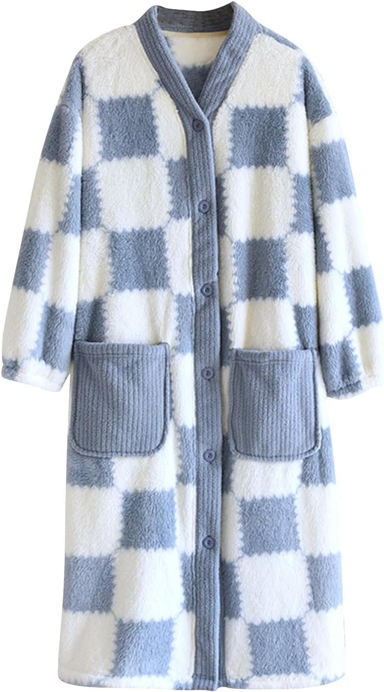 Amazon.com: Womens Flannel Robe Dress Sherpa Fleece Dresses V Neck Soft ...