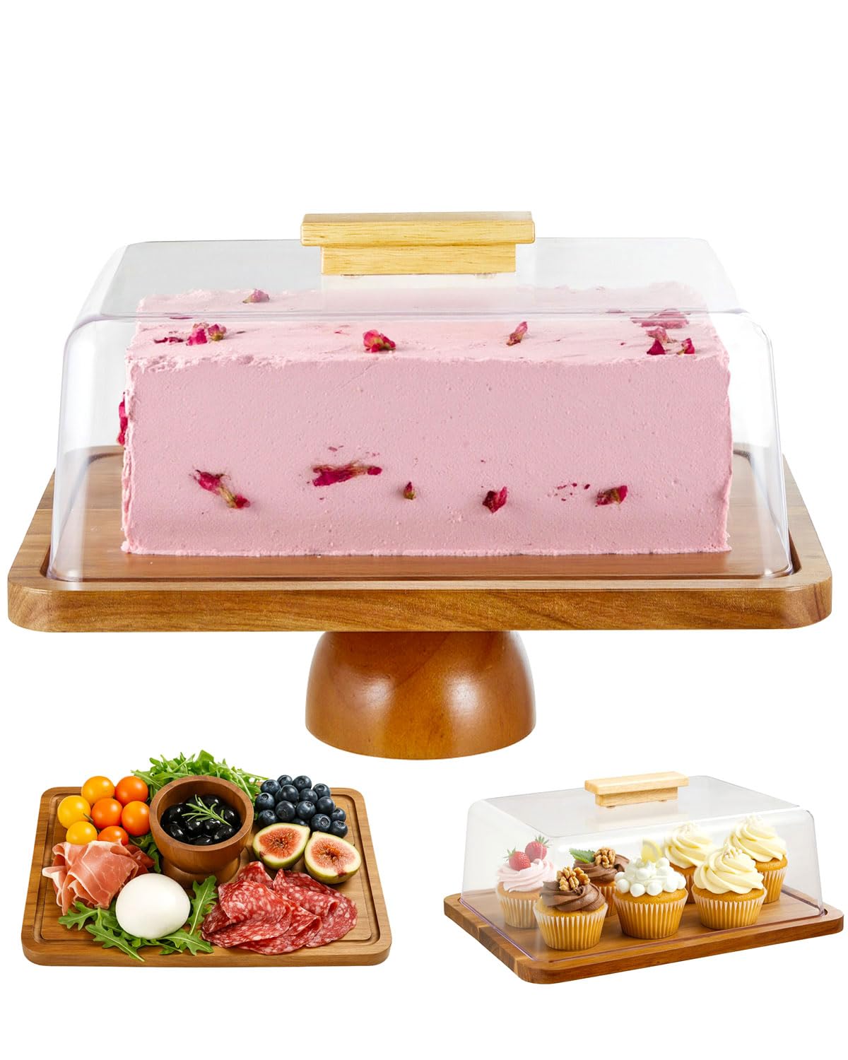 SEE DESCRIPTION. Cake Stand with Lid, Acacia Wood Rectangular Cake ...