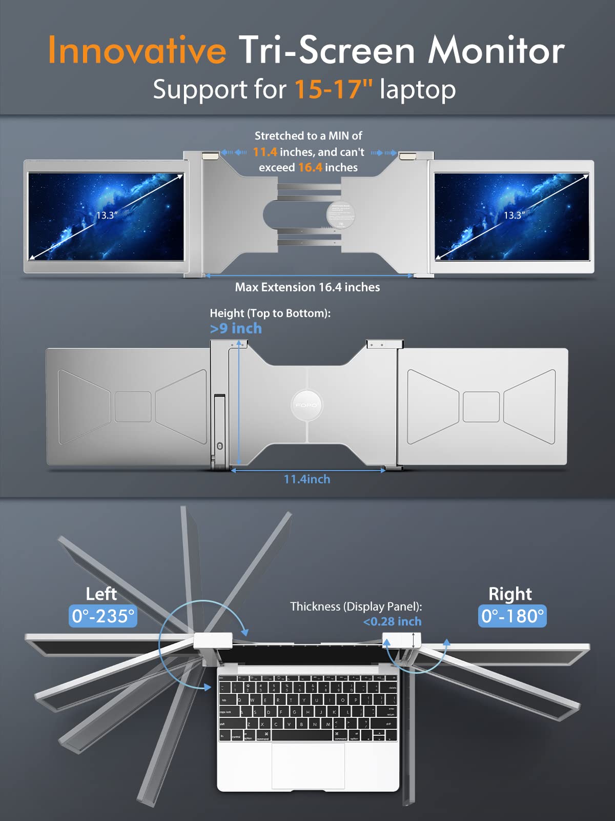 13.3" Triple Portable Monitor for Laptop - [2022] FOPO FHD 1080P IPS ...
