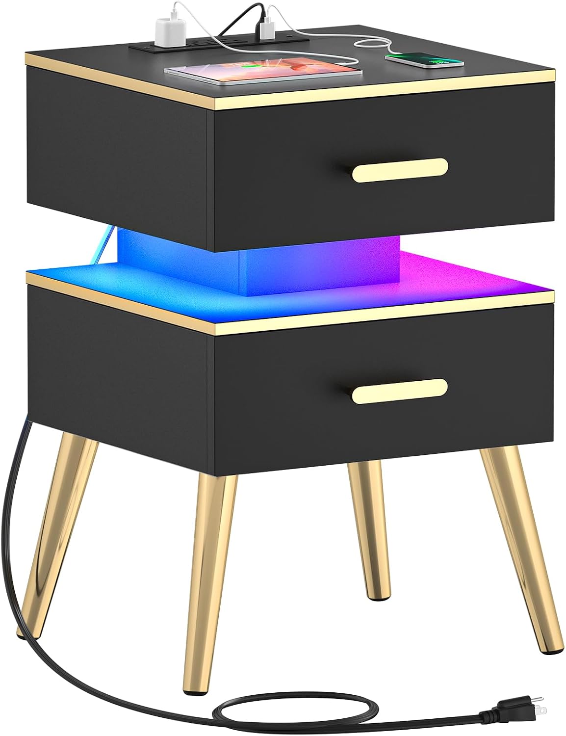 Amazon.com: LED Nightstand with Charging Station, Black Night Stand ...
