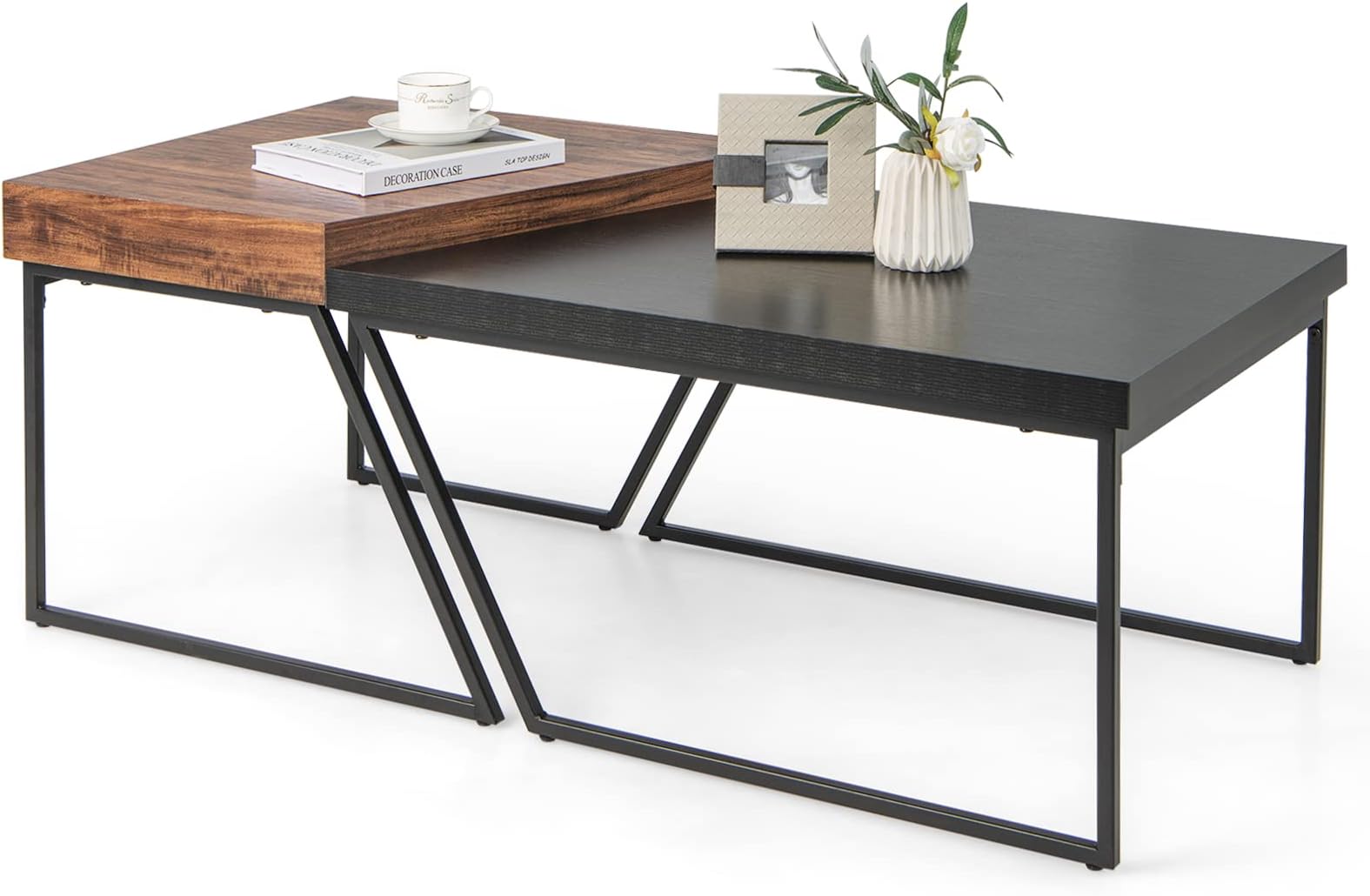 COSTWAY Set of 2 Nesting Tables, Industrial Stackable Coffee Tea Table ...
