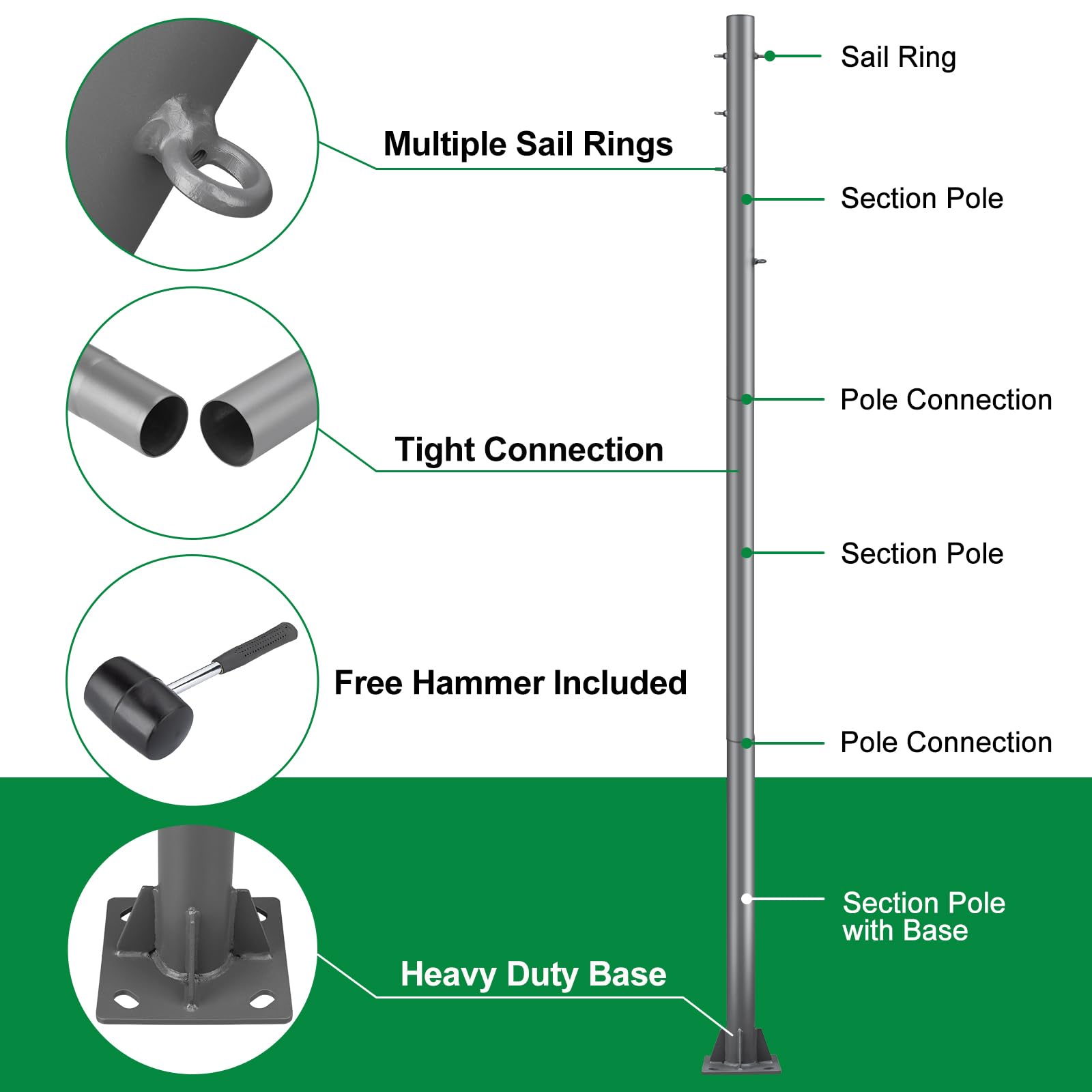 Patio Sail Pole Kit BRILLIHOOD 9ft Heavy Duty Shade Sail Pole (3 ...