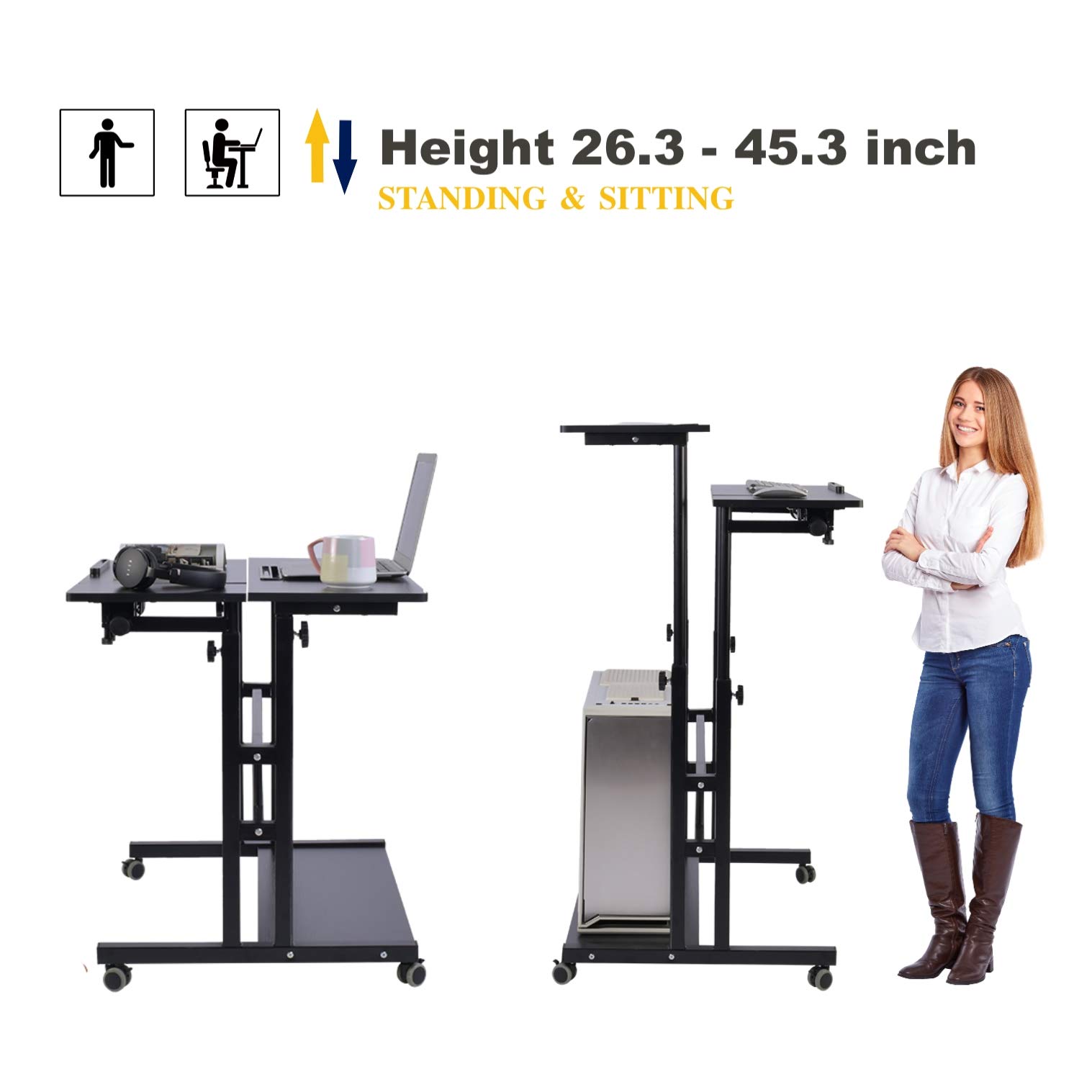 AIZ Adjustable Rolling Desk Cart on Wheels Home Office Computer ...