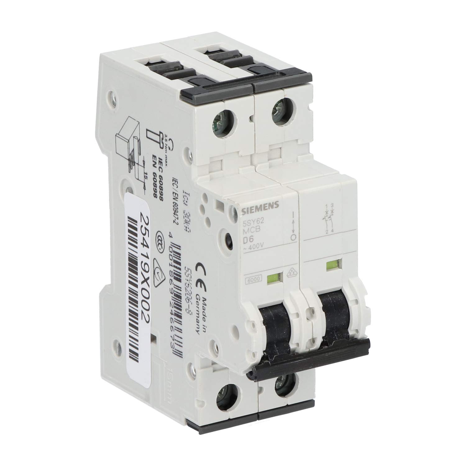 Buy Siemens 5SY6206-8 Double Pole MCB, Rated at 6A, Type D for 400 V AC ...