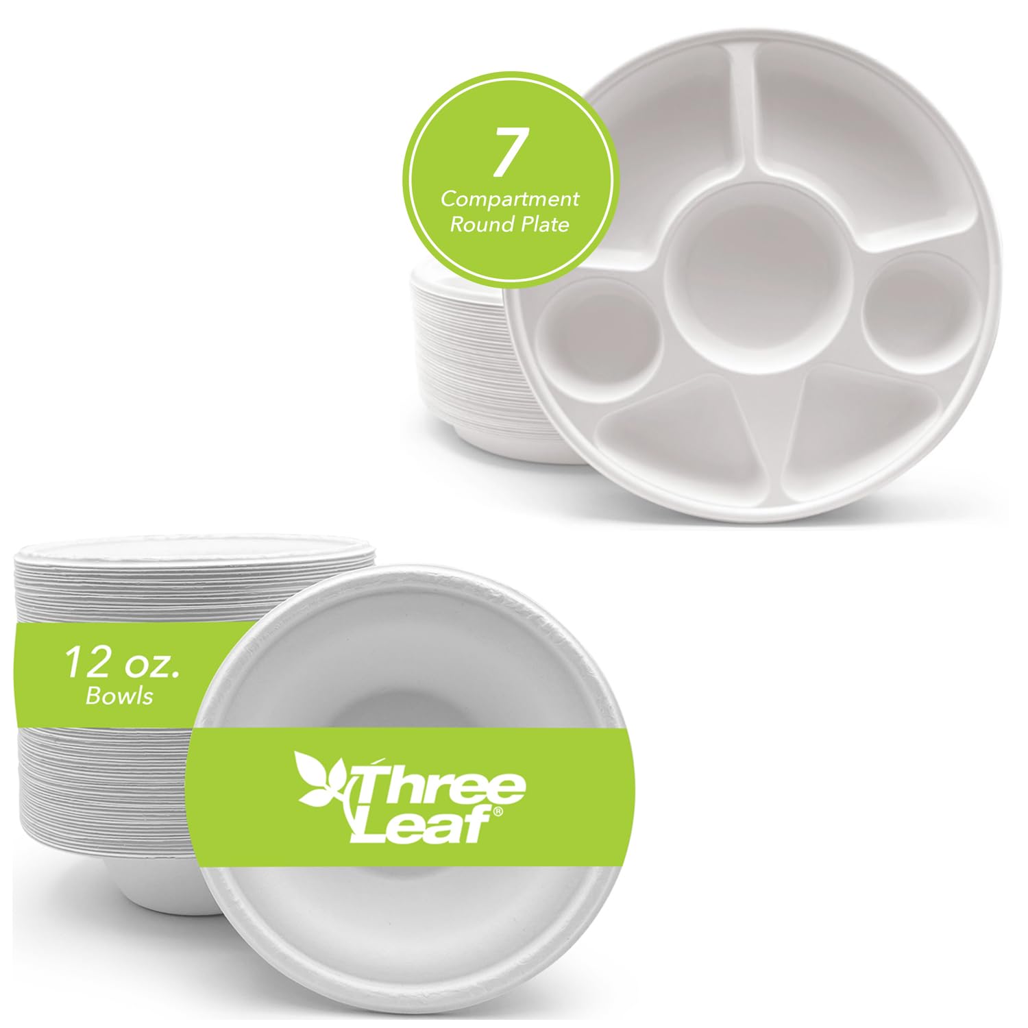 Amazon.com: three leaf 7 Compartment Bagasse Plate and 12 Oz. Bagasse ...