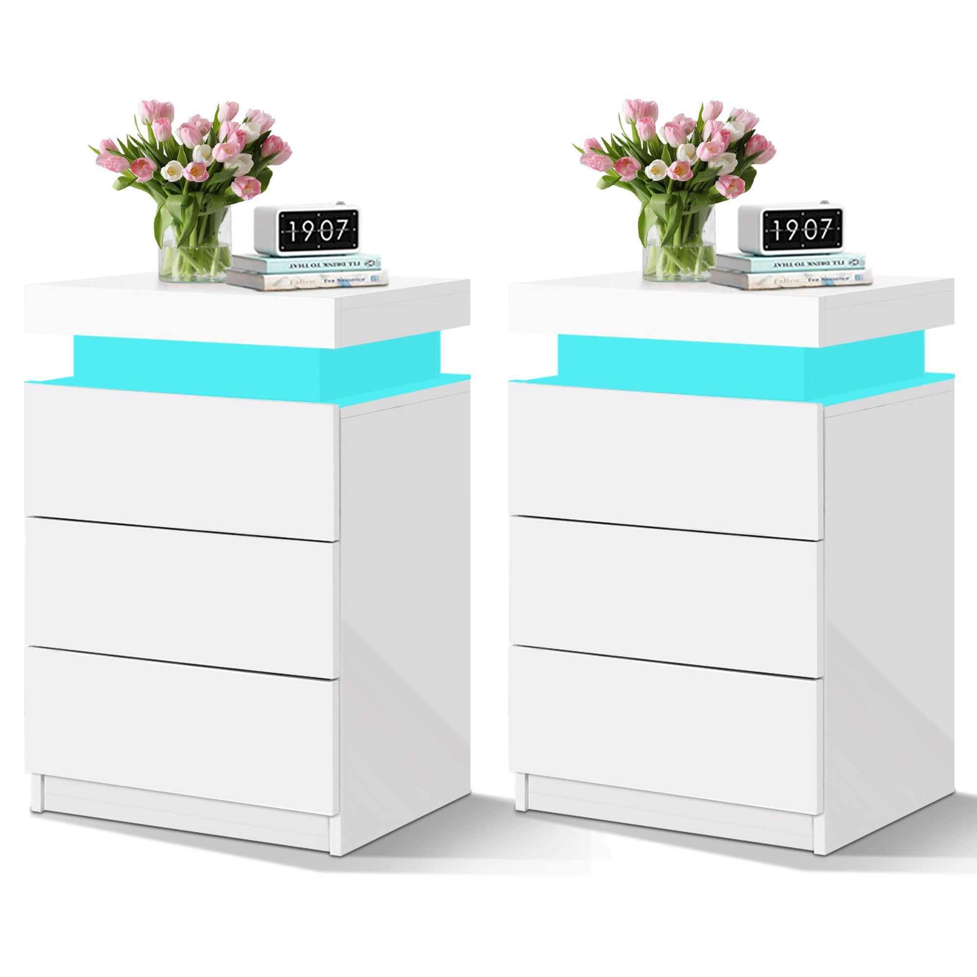 ELFORDSON Set of 2 LED Bedside Tables with 3 Drawers, 4 Sides High ...