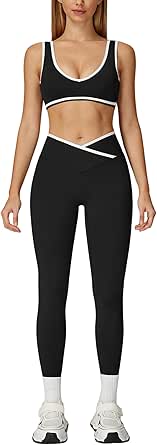 Womens Workout Sets Two Piece U Neck Color Block Crop Tank Sports Bra Matching Tummy Control ...