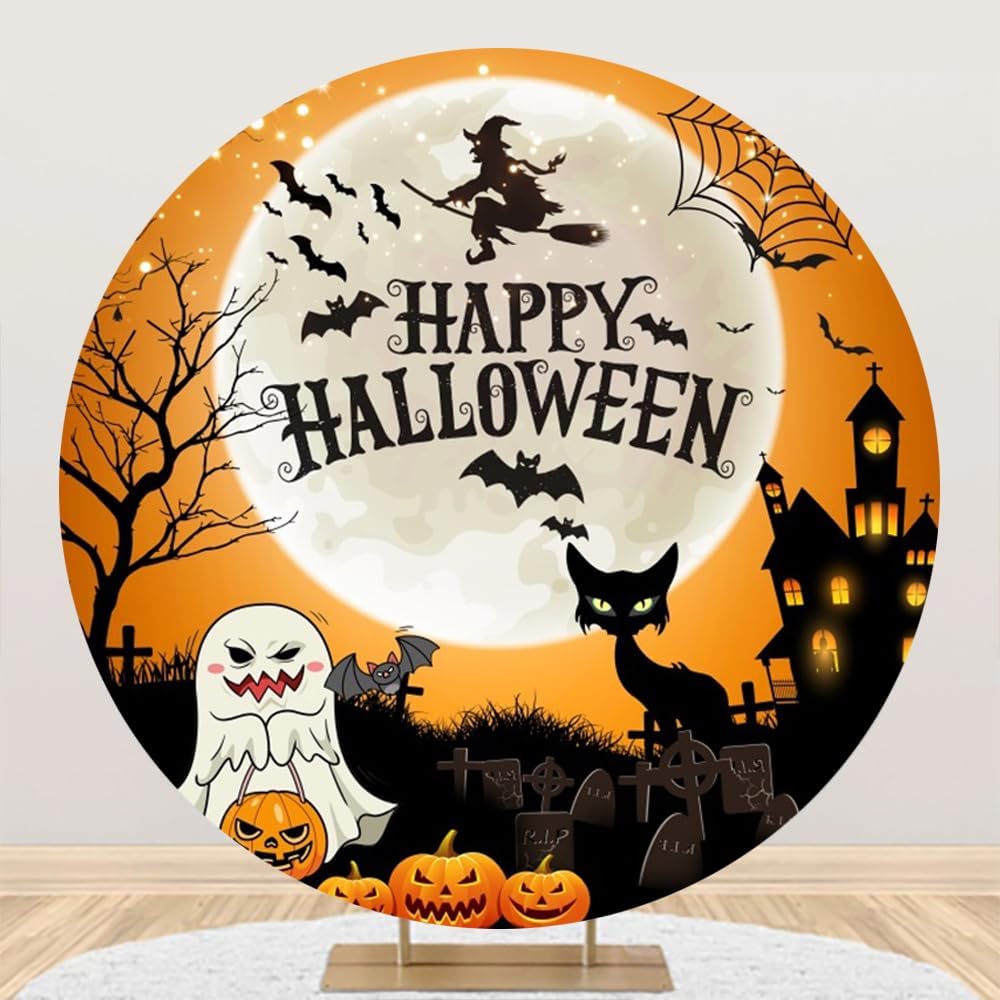 Amazon.com : Happy Halloween Round Backdrop Cover 3ft Horror Moon Night ...