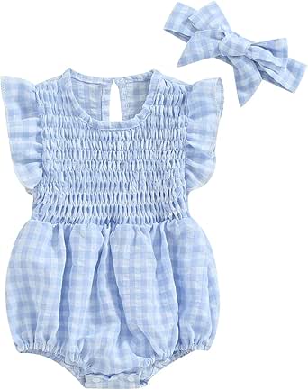 Amazon.com: Gaono Newborn Baby Girl Smocked Bubble Romper Ruffle Sleeveless Ruched Plaid ...
