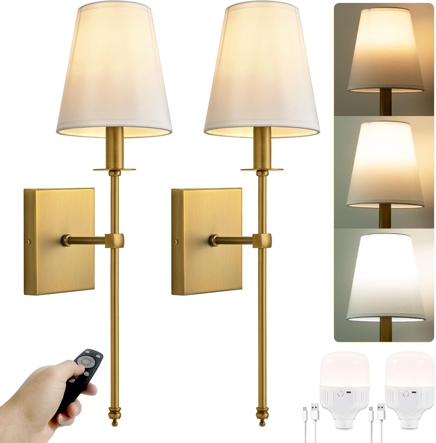 PASSICA DECOR Wiress Battery Operated Wall Sconces Set of 2 Two, Rechargeable Wall Lights with ...