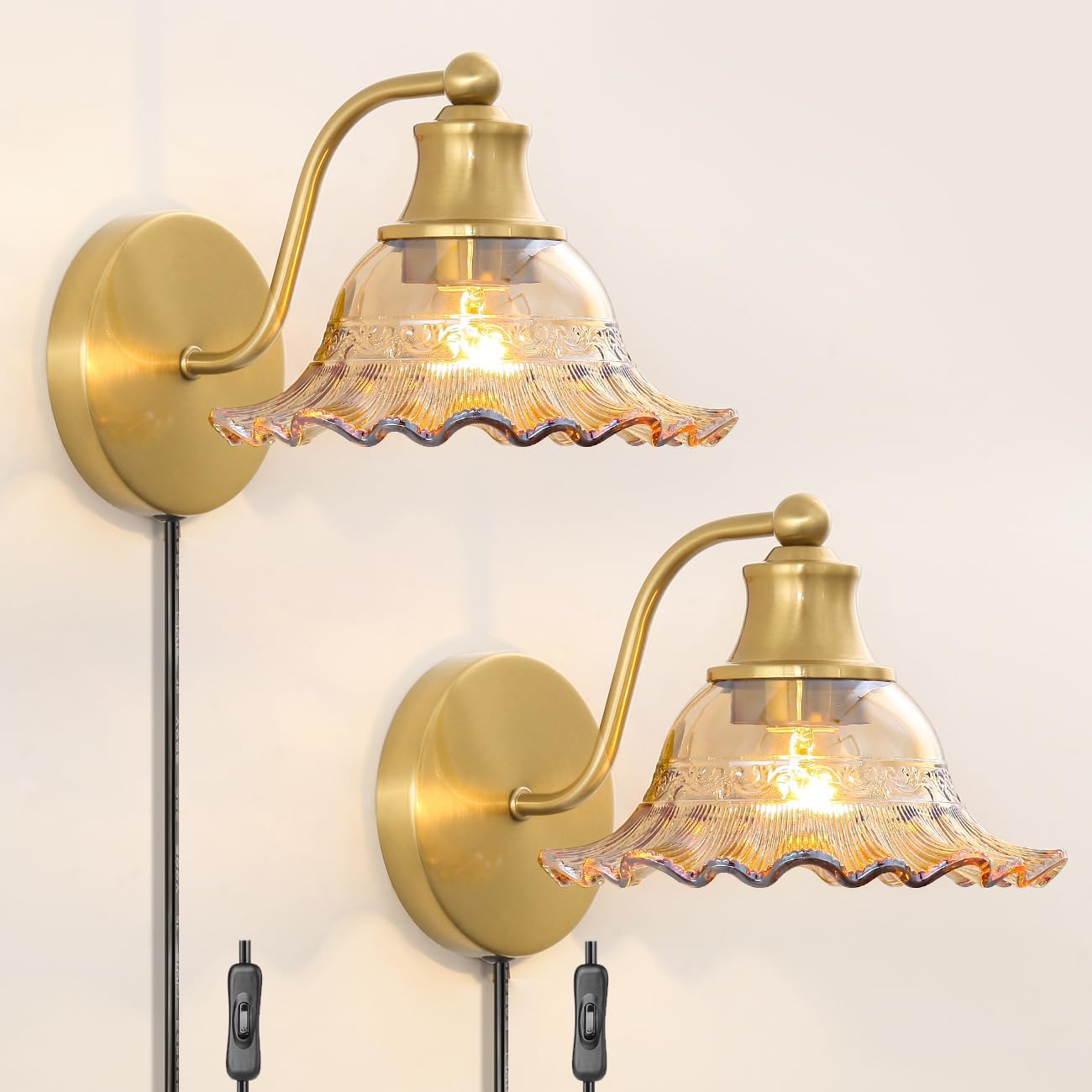 Vintage Plug in Wall Sconces Set of 2, Plug in Wall Lights with Amber ...