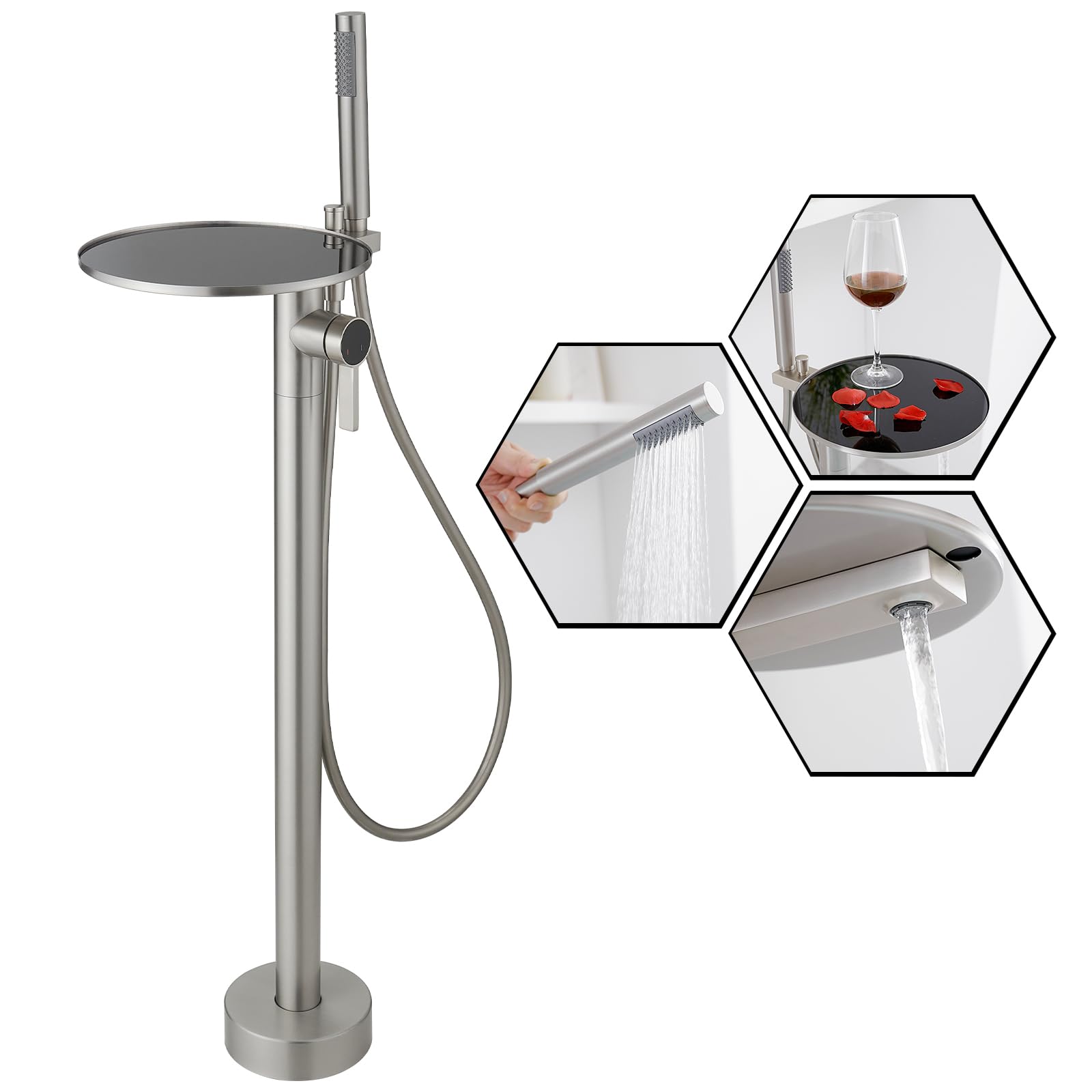 BATHLAVISH Freestanding Bathtub Faucet Brushed Nickel with Shelf Floor ...