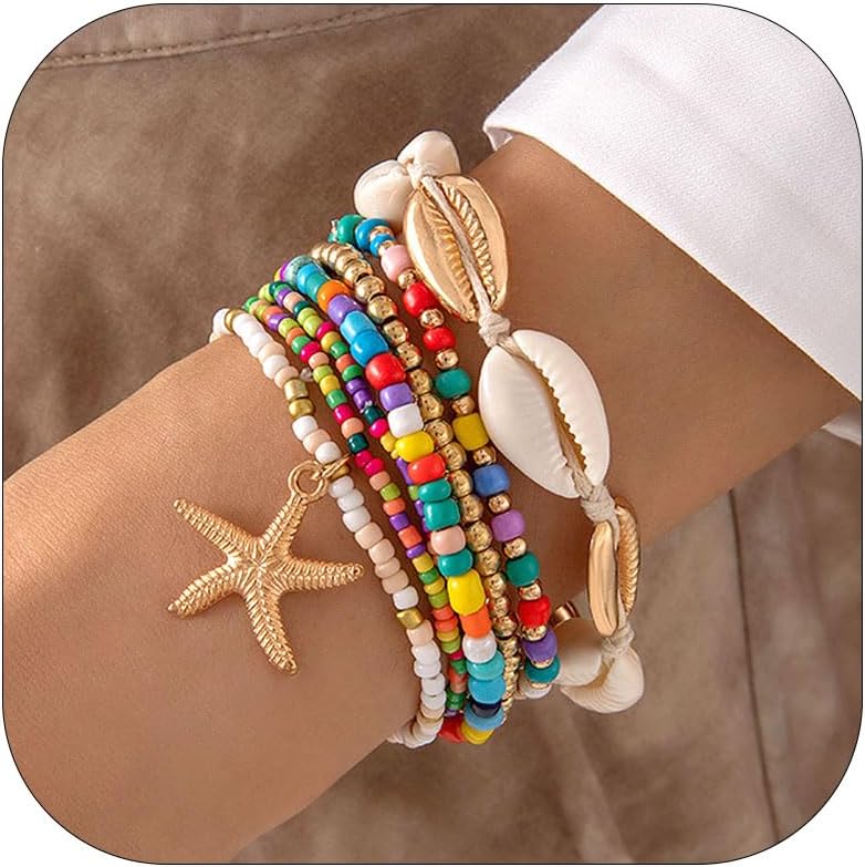 Amazon.com: YANCHUN Shell Bracelets for Women Boho Layered Beaded ...